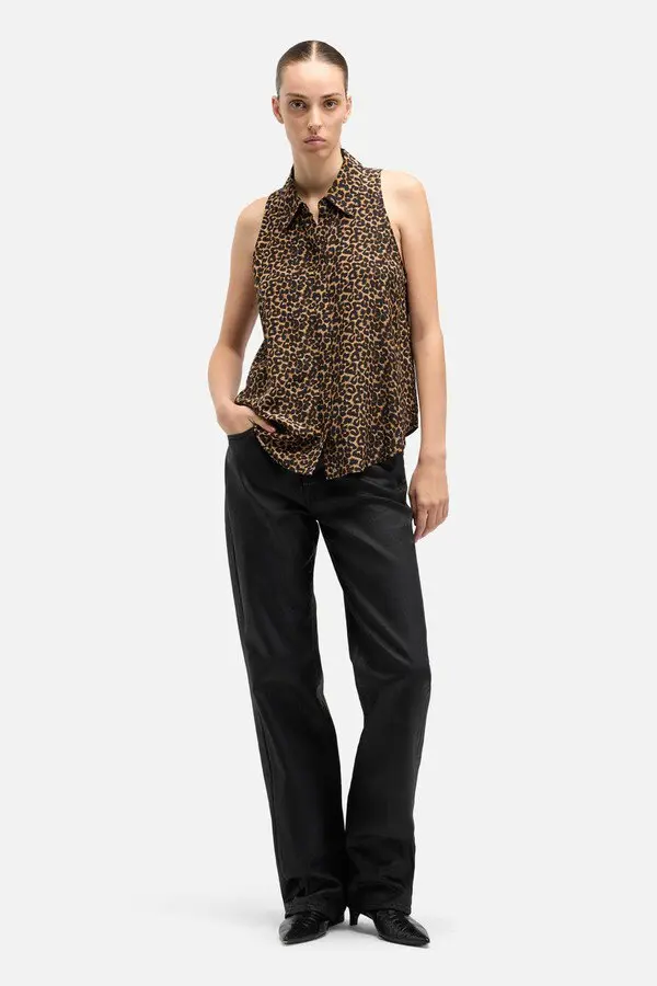 7 For All Mankind Sleeveless Silk Leopard Print Button-down Top