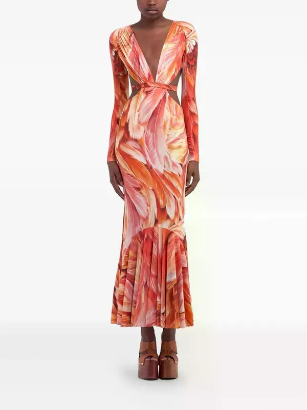 Roberto Cavalli Feather-print Cut-out Maxi Dress
