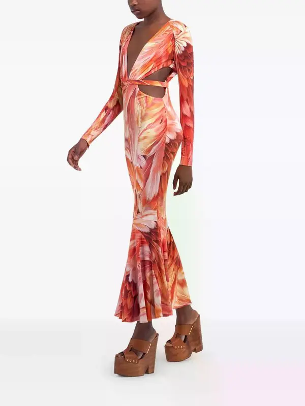 Roberto Cavalli Feather-print Cut-out Maxi Dress