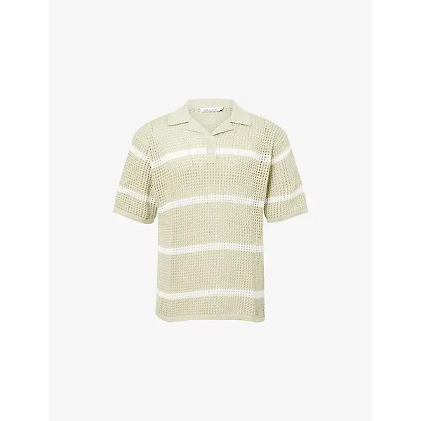 BELIER Striped Crochet Cotton Polo Top Xxl - Sage/white
