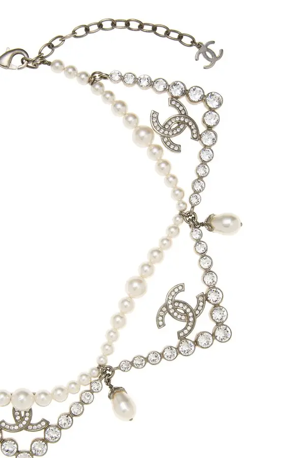 Chanel Crystal And Faux Pearl Chain Necklace