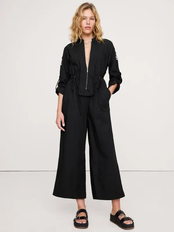 Banana Republic Cotton Poplin Zip Utility Cropped Jumpsuit - Black