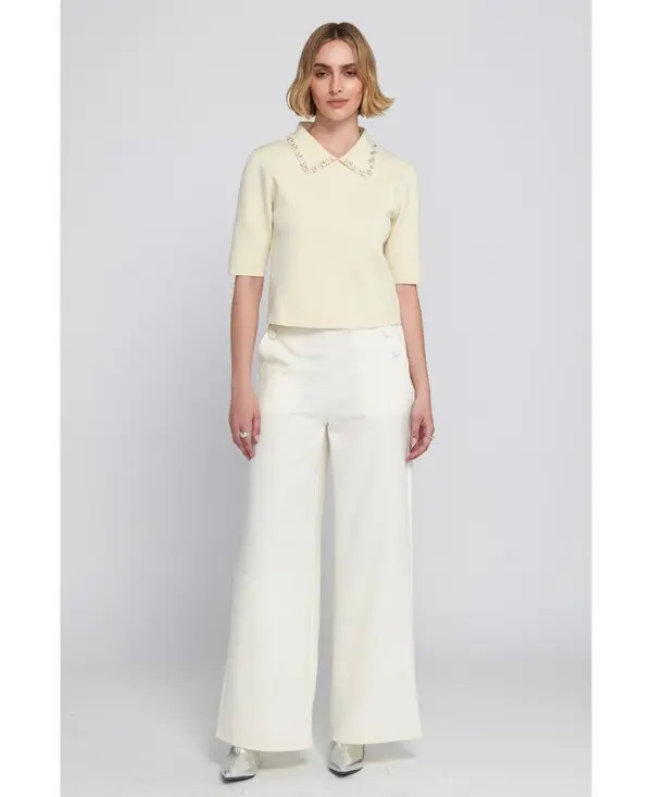 ELLE COLLECTION Self Covered Buttons Wide Leg Trouser