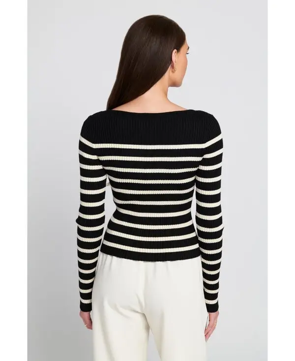 ELLE COLLECTION Fine Gauge Striped Sweater - Black