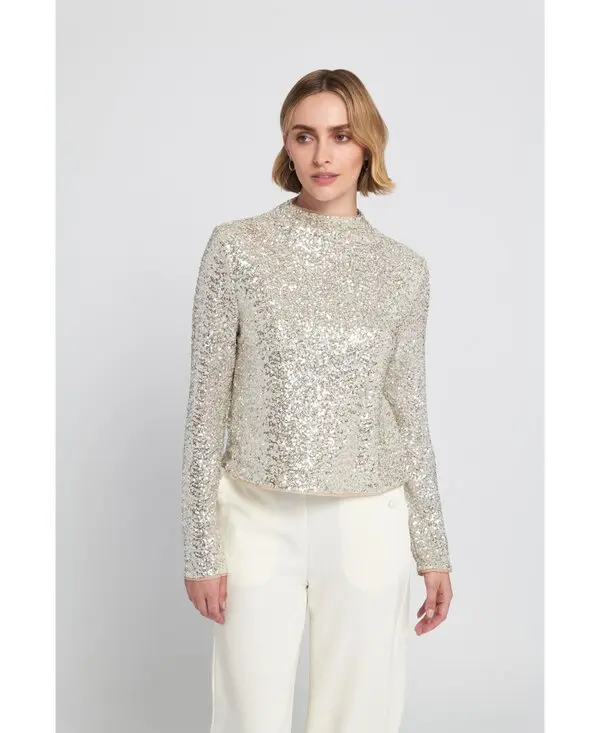 ELLE COLLECTION Sequin Knit Mock Neck Top - Silver