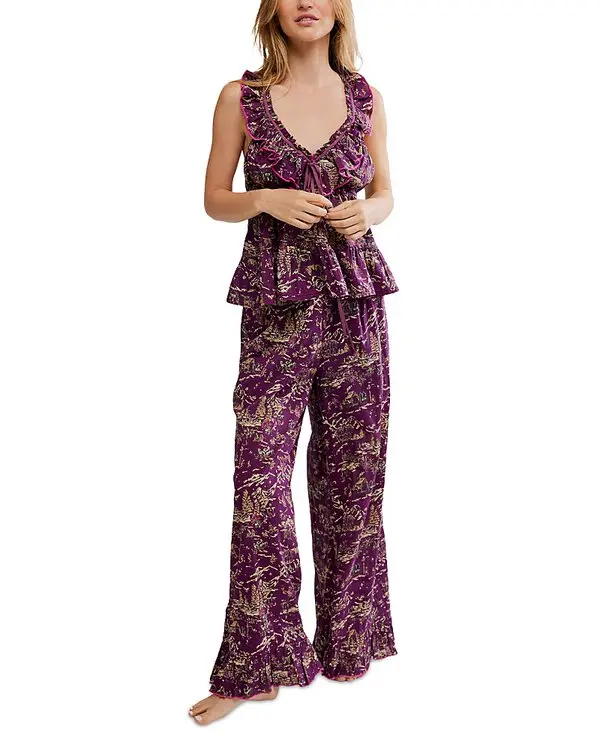 Free People Tangled Lights Printed Pajama Set - Wine Combo