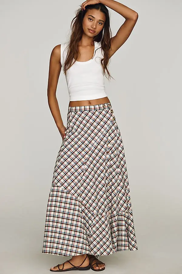 Anthropologie Seamed Plaid Wrap Maxi Skirt - Folk Plaid Dusty Blue