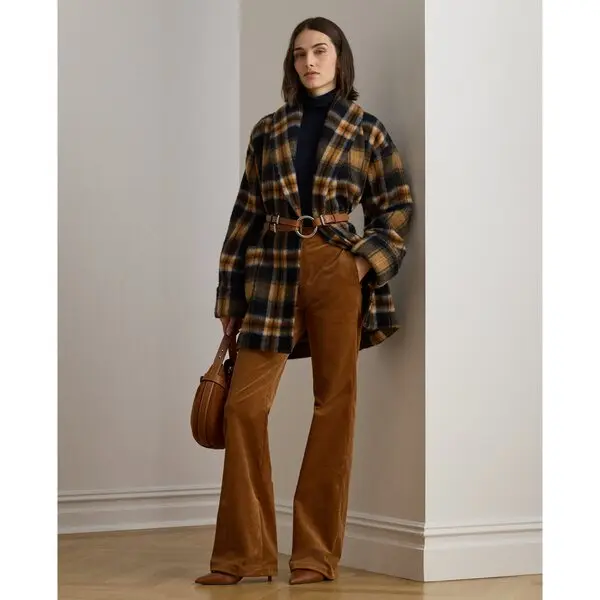 Ralph Lauren Plaid Wool-blend Shawl-collar Wrap Coat