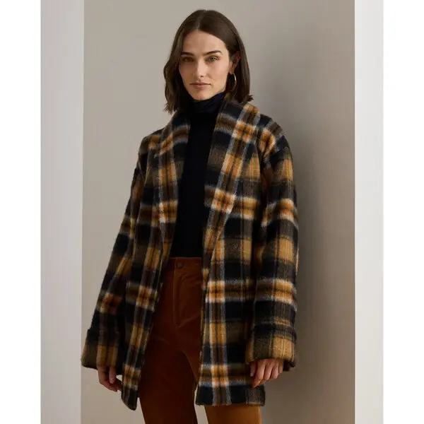 Ralph Lauren Plaid Wool-blend Shawl-collar Wrap Coat