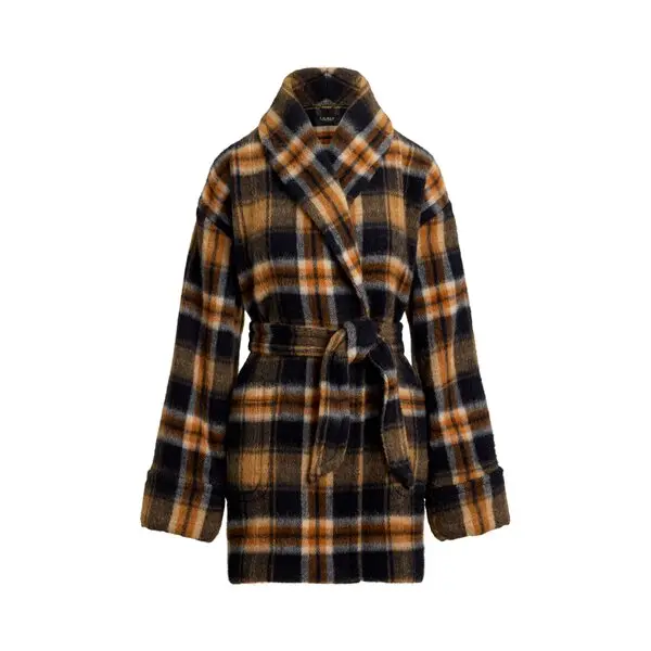 Ralph Lauren Plaid Wool-blend Shawl-collar Wrap Coat