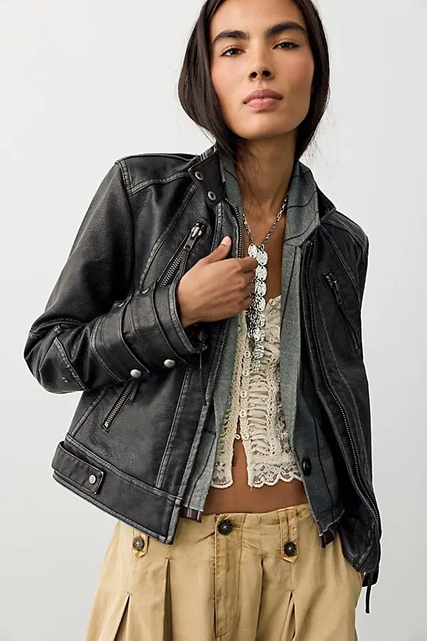 Free People We The Free Jesse Vegan Leather Moto Jacket - Black