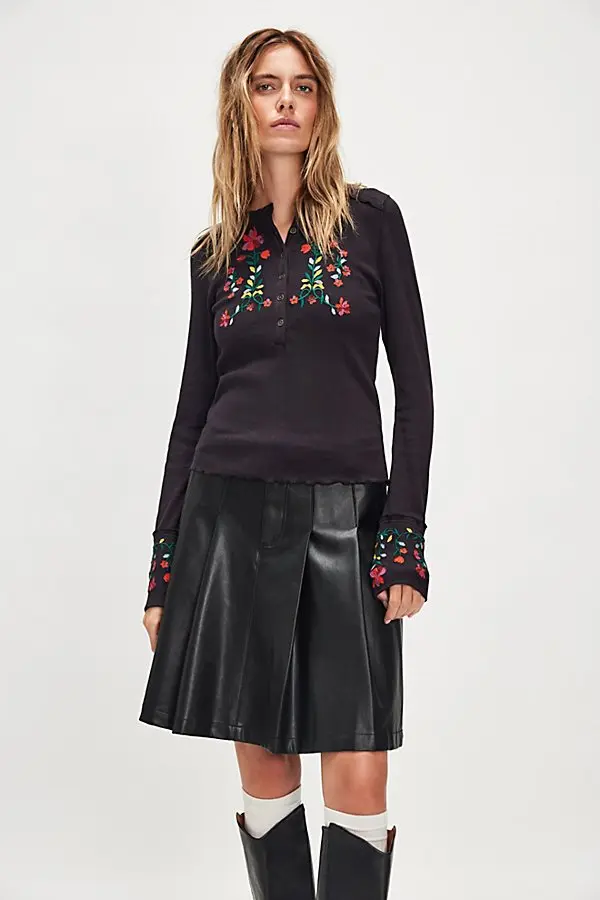 Free People Fleur Embroidered Cuff Top