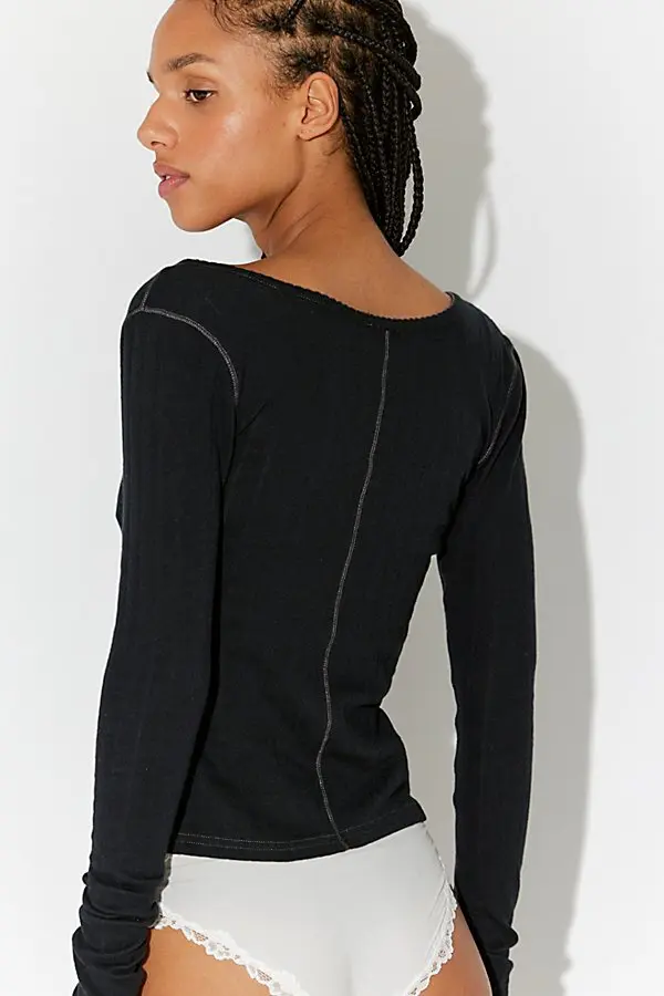 Free People Intimately End Game Pointelle Long Sleeve - Black