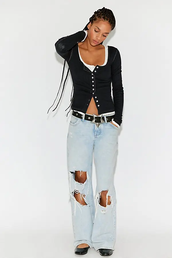 Free People Intimately End Game Pointelle Long Sleeve - Black