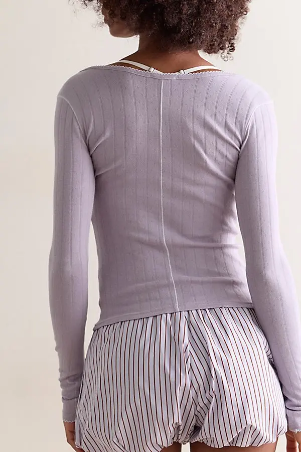 Free People Intimately End Game Pointelle Long Sleeve - Lilac Grey