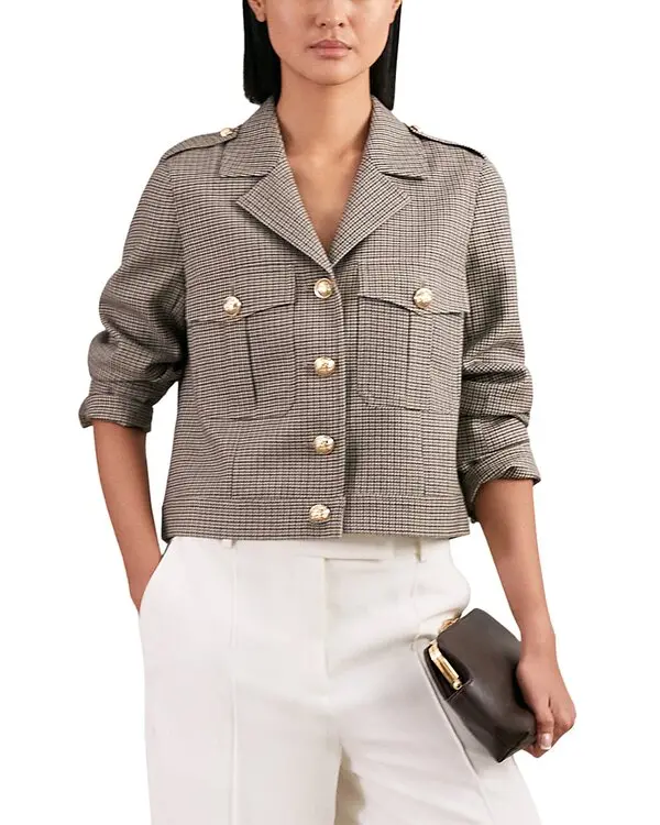 REISS Cropped Checkered Wool Jacket - Neutral Check