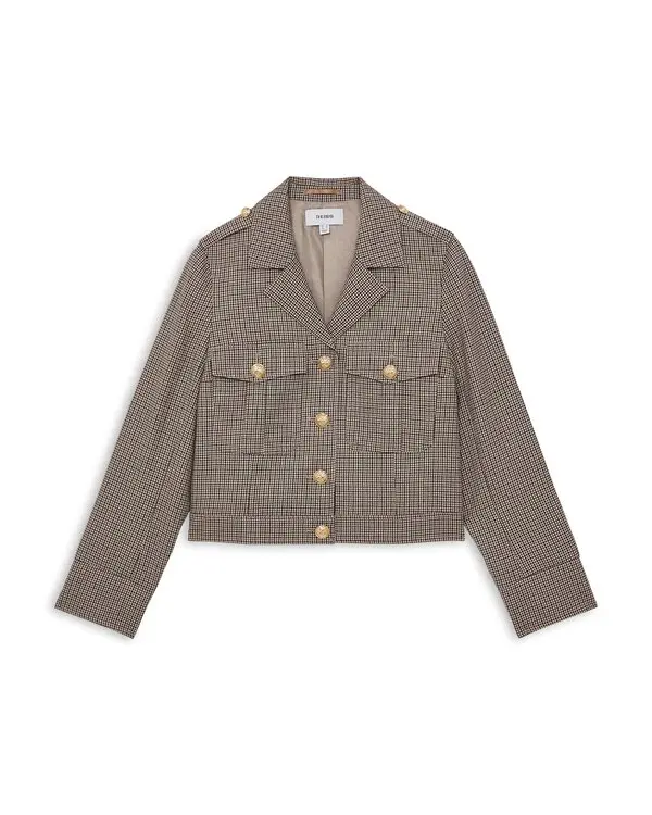 REISS Cropped Checkered Wool Jacket - Neutral Check