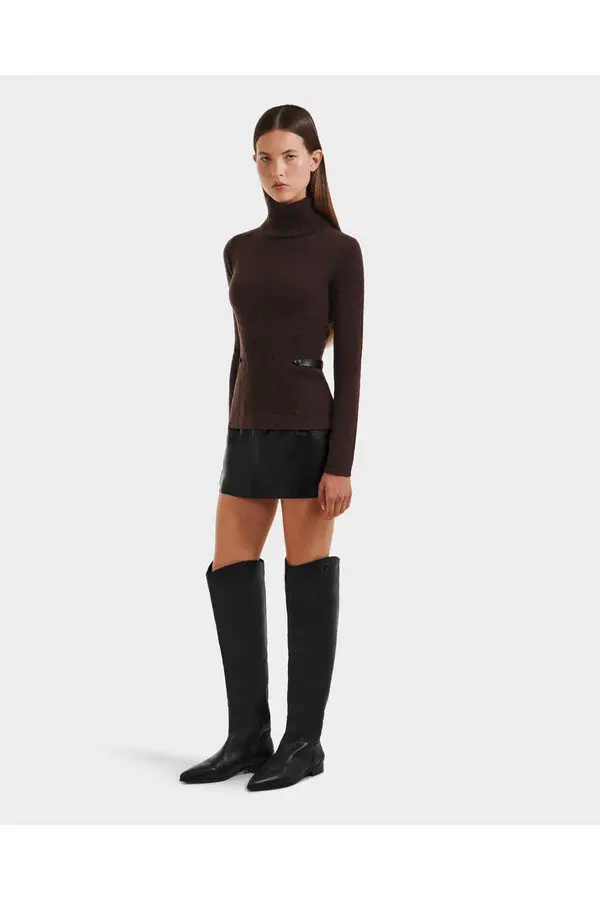 Rudsak Knit Turtleneck Sweater With Vegan Leather Trim - Brown
