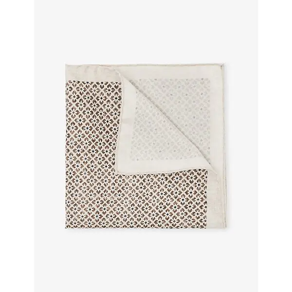 REISS Grato Floral-print Silk Pocket Square - Oatmeal Melange
