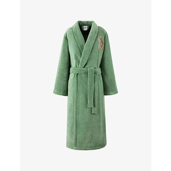 YVES DELORME Contes Leopard-embroidered Cotton-blend Bathrobe - Green