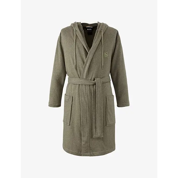 BOSS Evening Brand-embroidered Cotton-blend Robe - Khaki