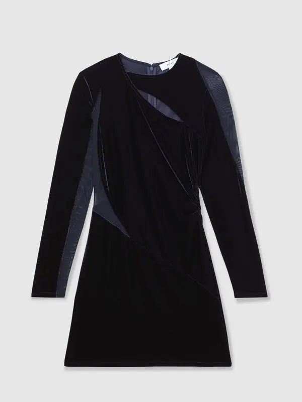 REISS Velvet Mesh-panel Mini Dress