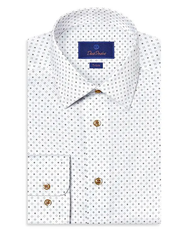 David Donahue Slim Fit Printed Dress Shirt - White/ Chocolate