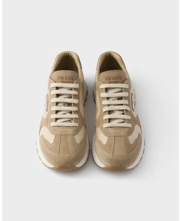 Prada Suede And Re-nylon Lace-up Sneakers - Neutral/cream