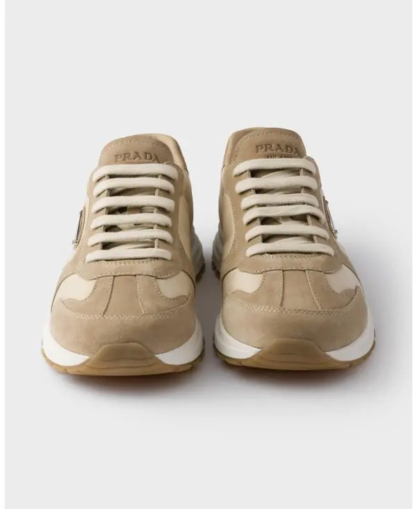Prada Suede And Re-nylon Lace-up Sneakers - Neutral/cream