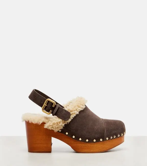 Chloé Jeannette Shearling-trimmed Wedge Clogs - Brown