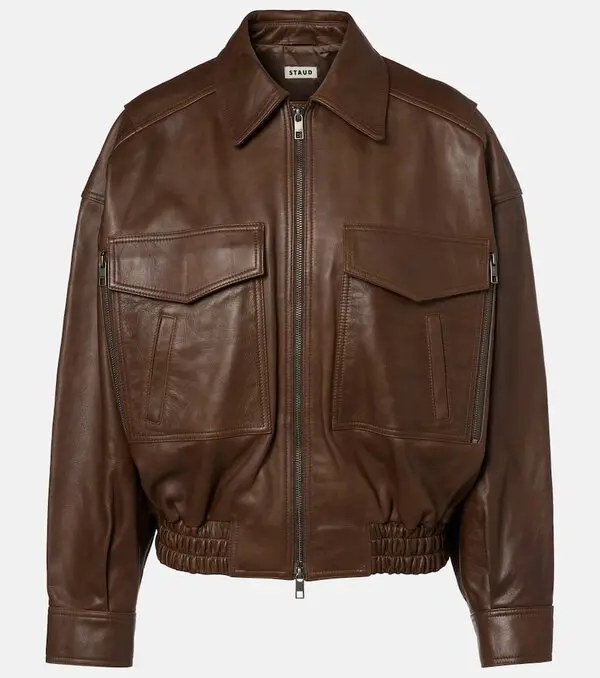 Staud Eugene Leather Bomber Jacket - Brown