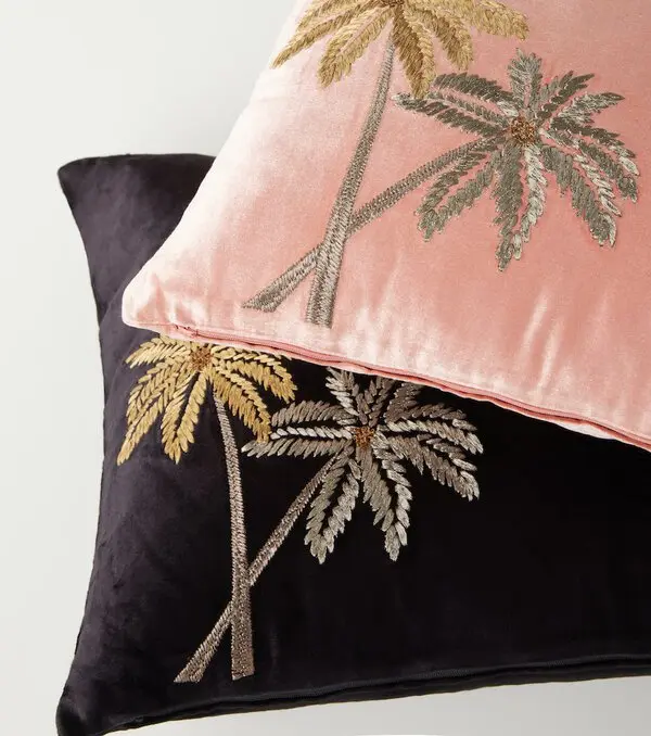 LES-OTTOMANS Palms Embroidered Velvet Cushion