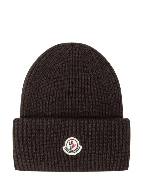 Moncler Beanie Hat With Logo - Brown