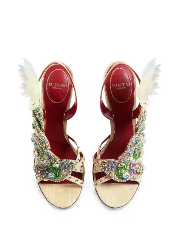 Valentino Garavani Moiré Fabric Sandals With Floral Embroidery And Feathers - Yellow