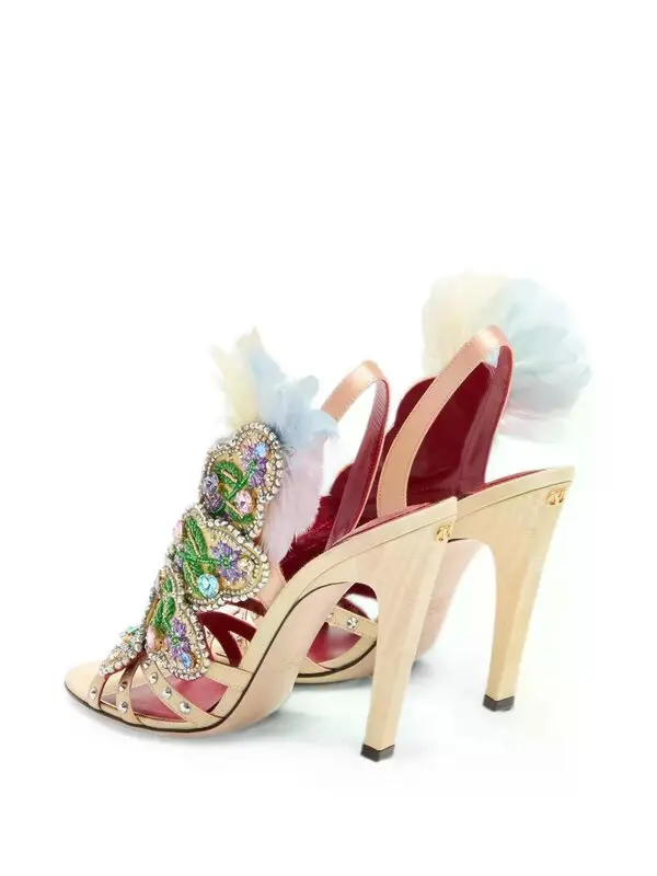 Valentino Garavani Moiré Fabric Sandals With Floral Embroidery And Feathers - Yellow