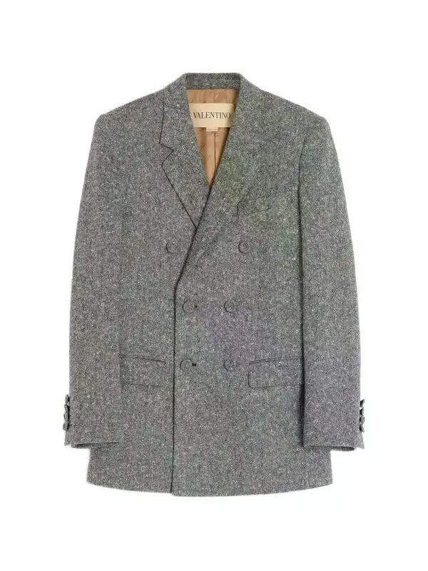 Valentino Garavani Double-breasted Jacket In Natté Boutonné Wool - Neutrals