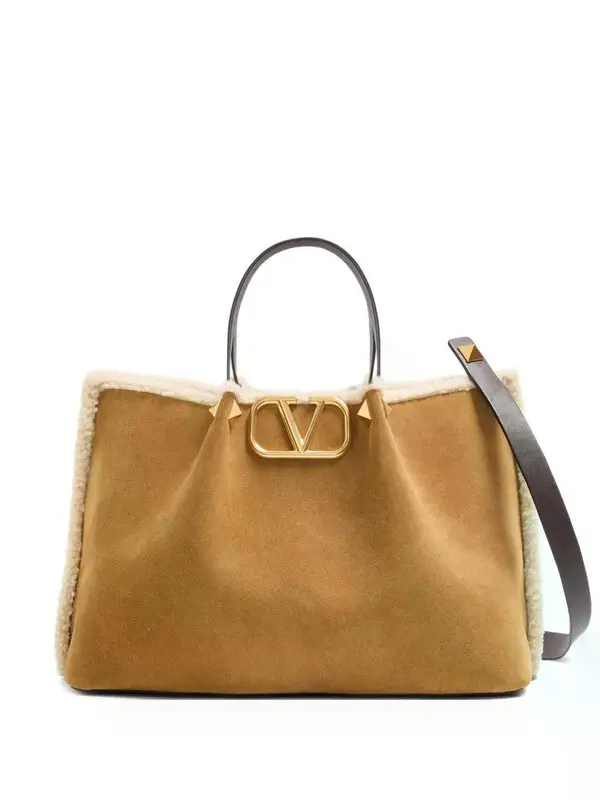 Valentino Garavani Medium Suede Shopping Bag With Sheepskin Lining And Vlogo Signature - Neutrals