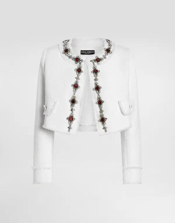 Dolce & Gabbana Short Tweed Jacket With Jewel Embroidery - White