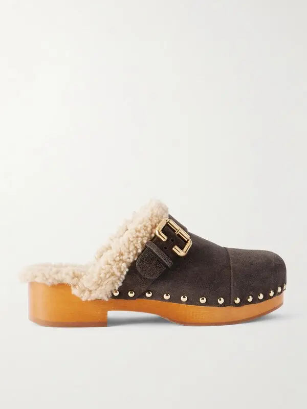 Chloé Jeannette Embellished Shearling-lined Suede Clogs - Brown