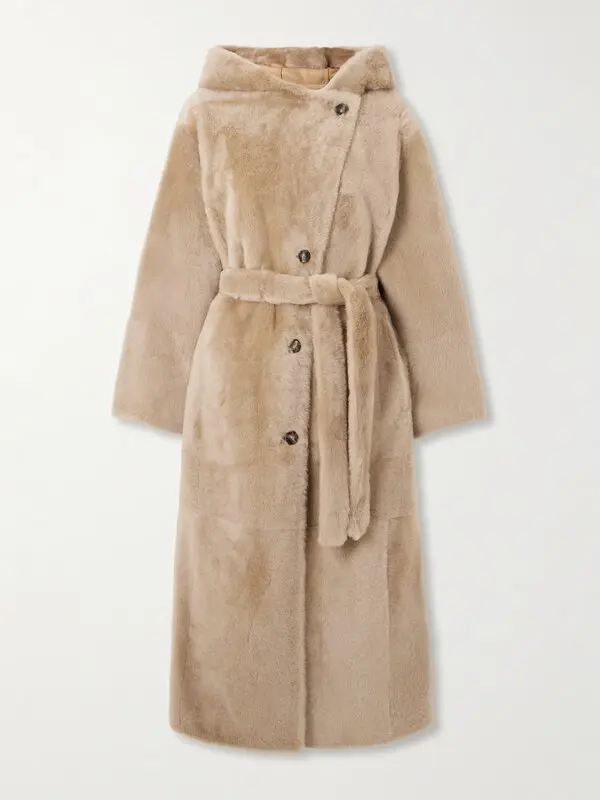 YVES SALOMON Hooded Belted Shearling Coat - Neutrals