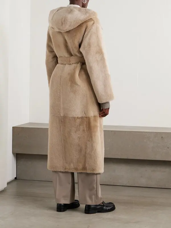 YVES SALOMON Hooded Belted Shearling Coat - Neutrals
