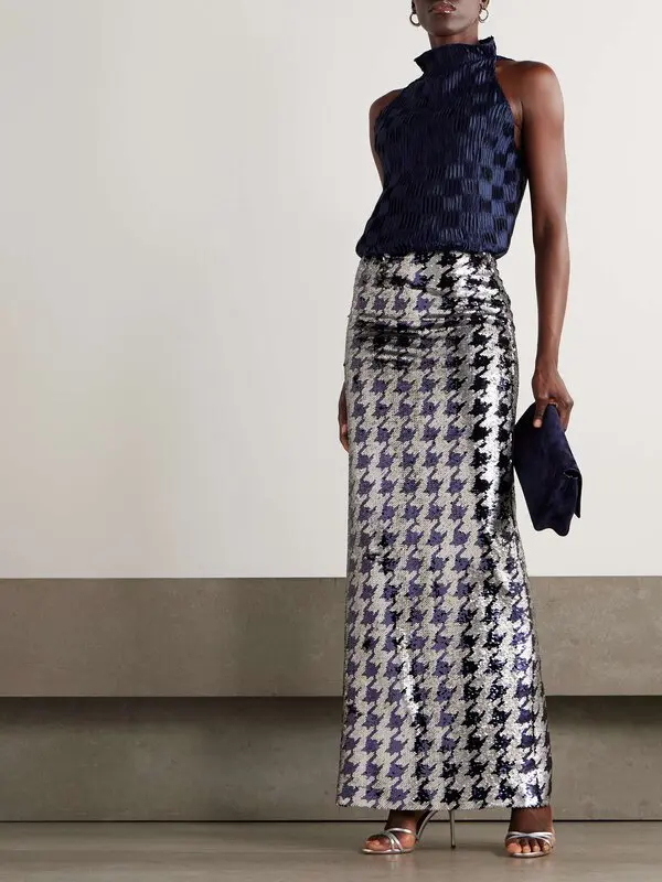 DIMA AYAD Houndstooth Sequined Maxi Skirt - Navy