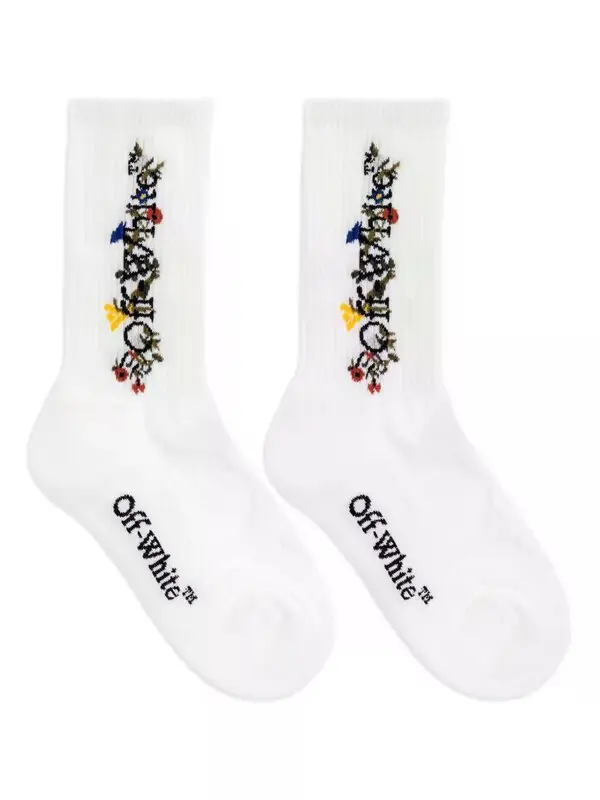 Off-White Floral-embroidered Ribbed Ankle Socks - White