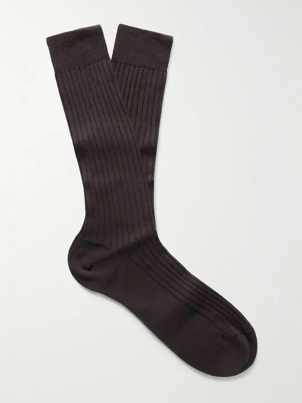 Mr P. Ribbed Merino Wool-blend Socks - Brown