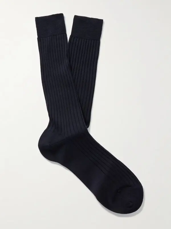 Mr P. Ribbed Merino Wool-blend Socks - Blue
