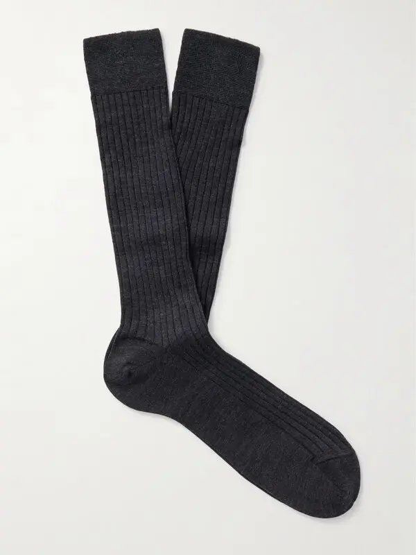 Mr P. Ribbed Merino Wool-blend Socks - Blue