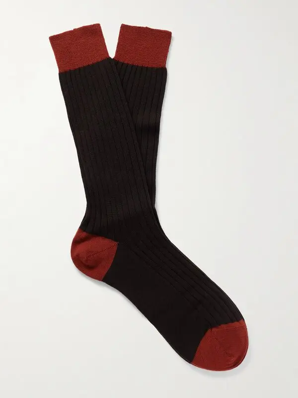 Mr P. Ribbed Wool-blend Socks - Brown