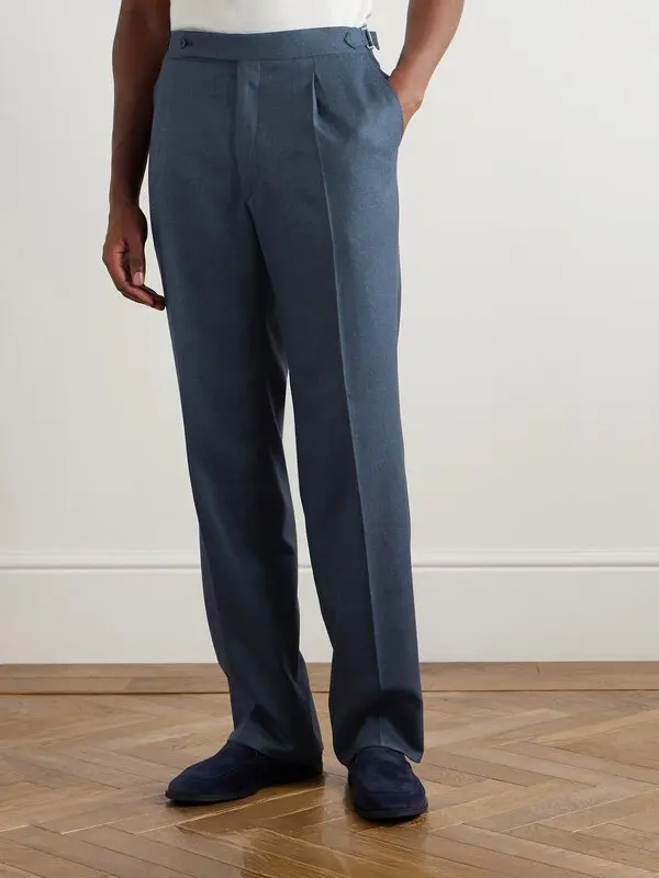 STOFFA Straight-leg Pleated Wool-flannel Trousers - Blue