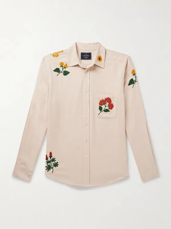 Portuguese Flannel Embroidered Organic Cotton-flannel Shirt - Neutrals