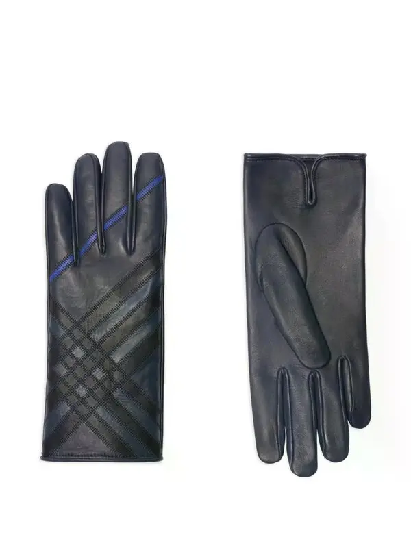Burberry Leather Gloves With Intarsia Check Pattern - Blue